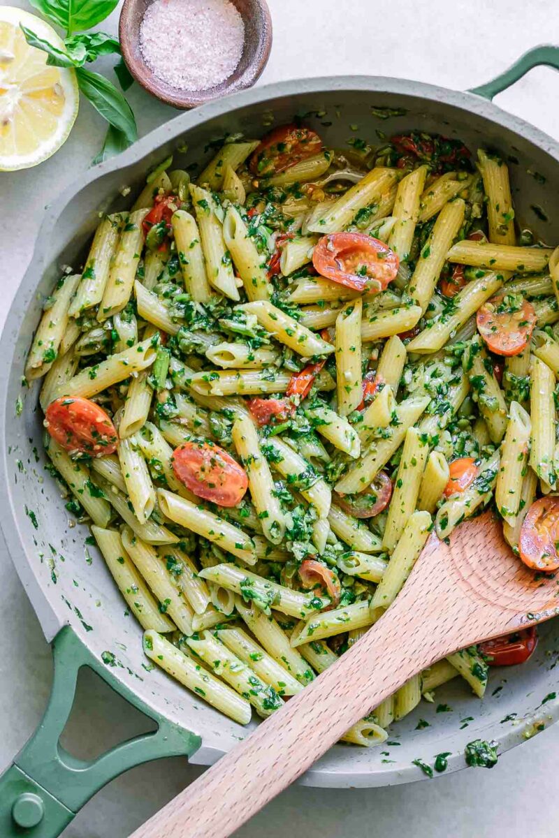 Pesto Penne with Burst Cherry Tomatoes ⋆ 20-Minute Vegan Pasta